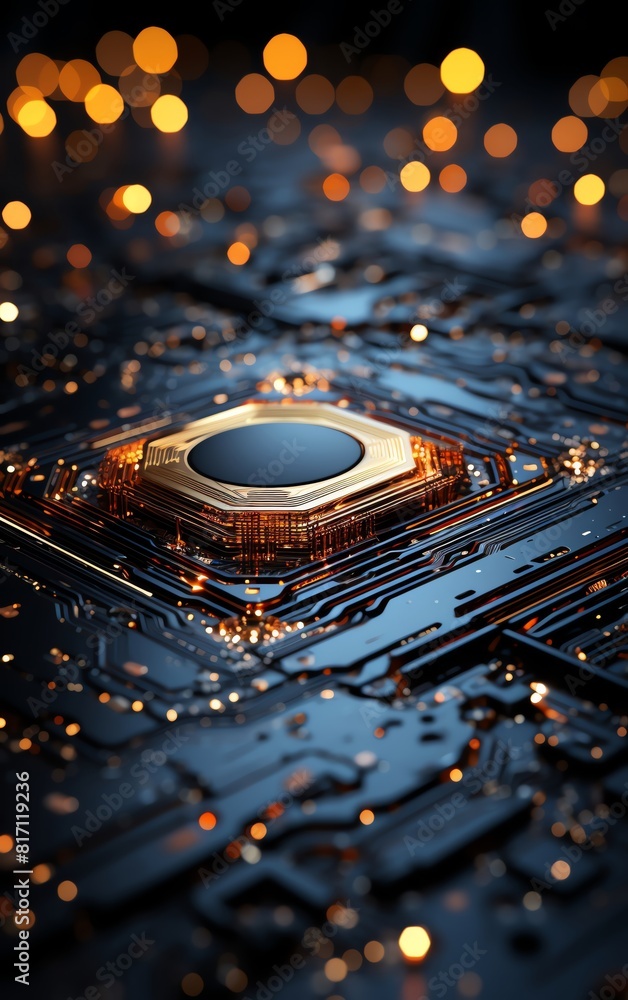 Quantum processor illuminated by distant stars, side view, cosmic ...