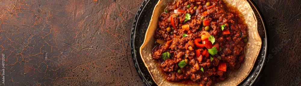Top view of Ethiopian tibs with injera, using the rule of thirds, with ...