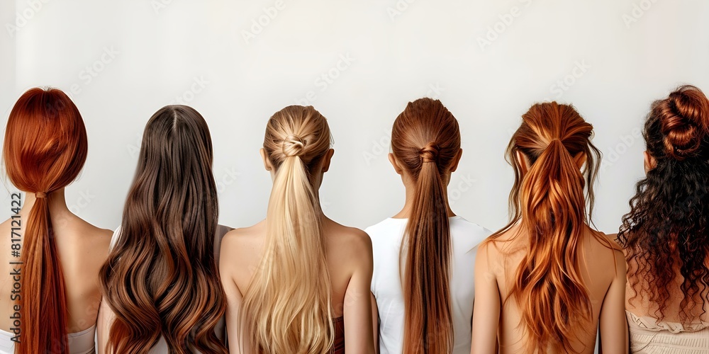 Different styles of women's ponytails seen from the back on a white ...