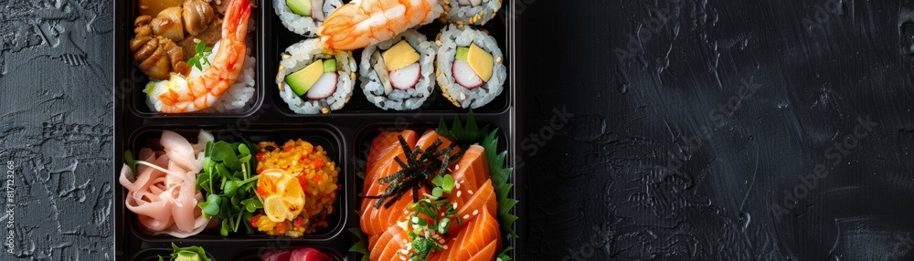 Top view of a traditional Japanese bento box with assorted dishes ...
