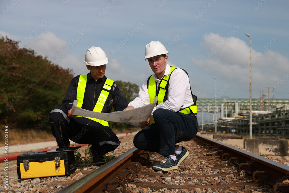 Two male Railway engineers inspect the specifications of the rails with ...