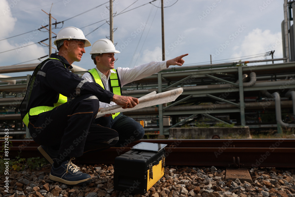 Two male Railway engineers inspect the specifications of the rails with ...