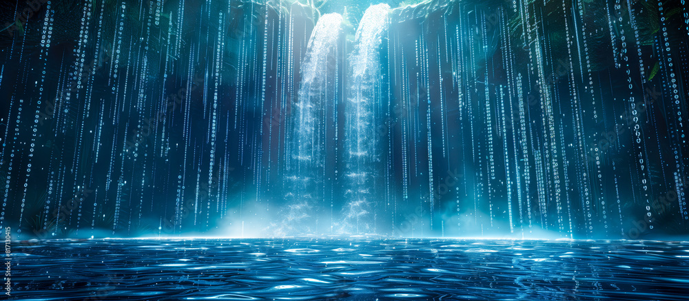 Waterfall with Binary Code Cascading into Digital Pool - Tech Art ...