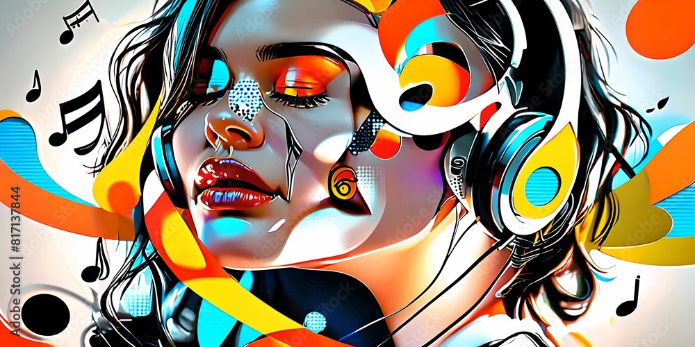 wallpaper representing a woman's face, listening to music with ...
