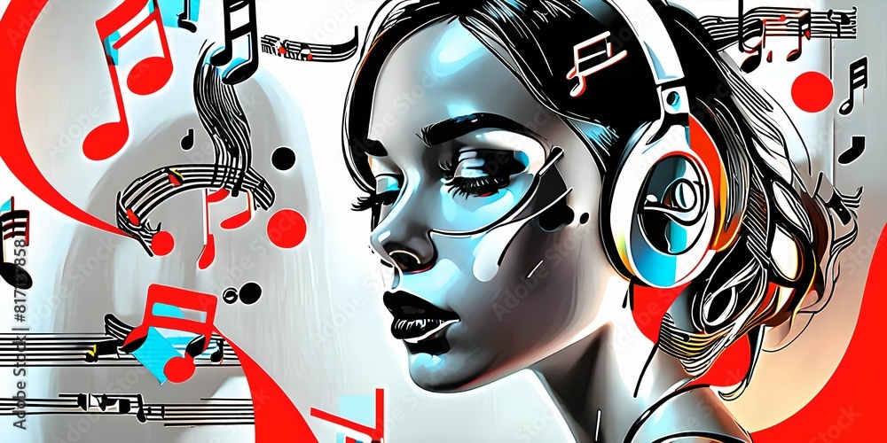 wallpaper representing a woman's face, listening to music with ...