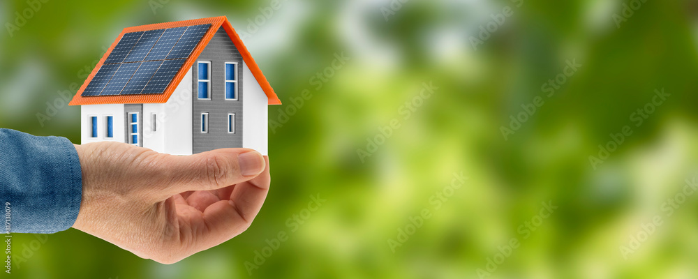 Photovoltaic system installation on a residential building - Web banner design concept with home ...