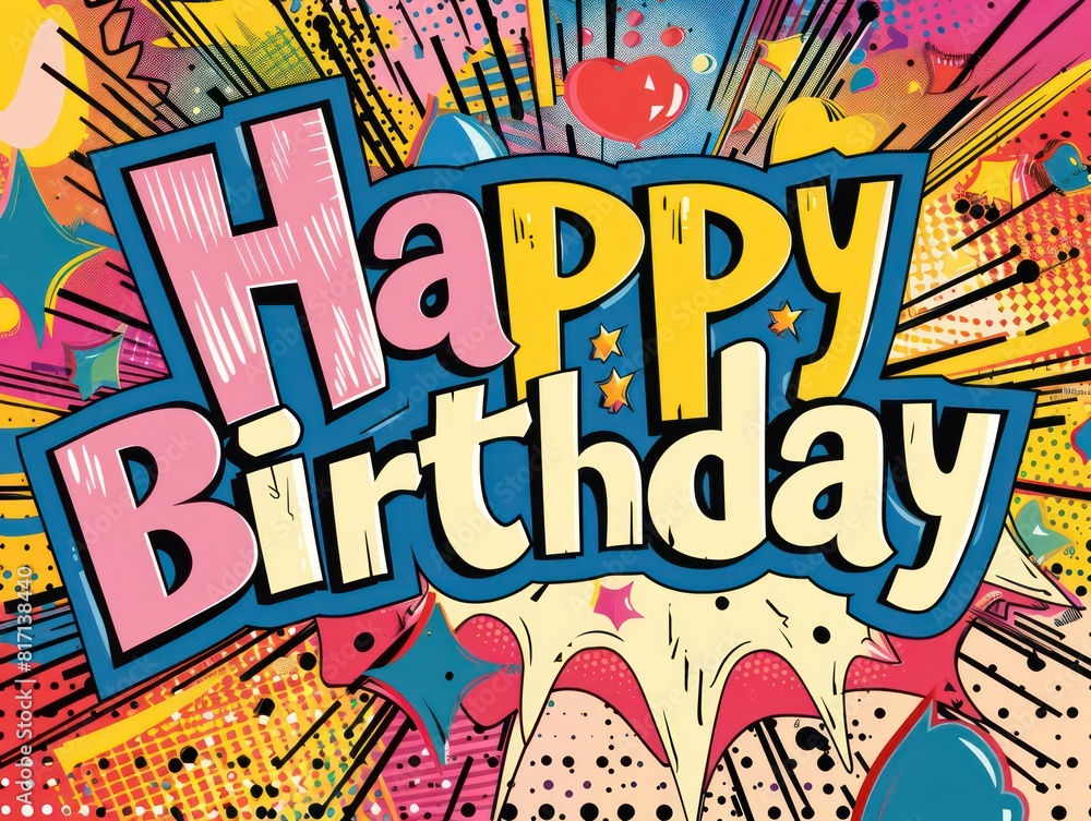 happy birthday in a bold comic book style with bright primary colors ...