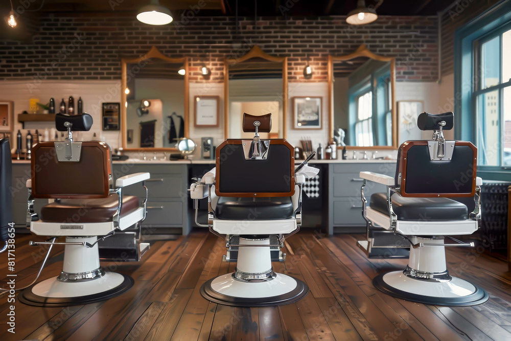 Three barber chairs are arranged in a row in a salon. The chairs are ...