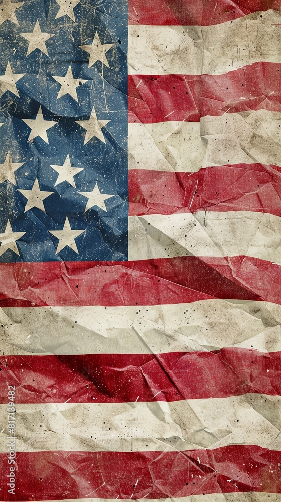 Distressed American Flag on Crumpled Paper - Faded Vertical 4th of July ...