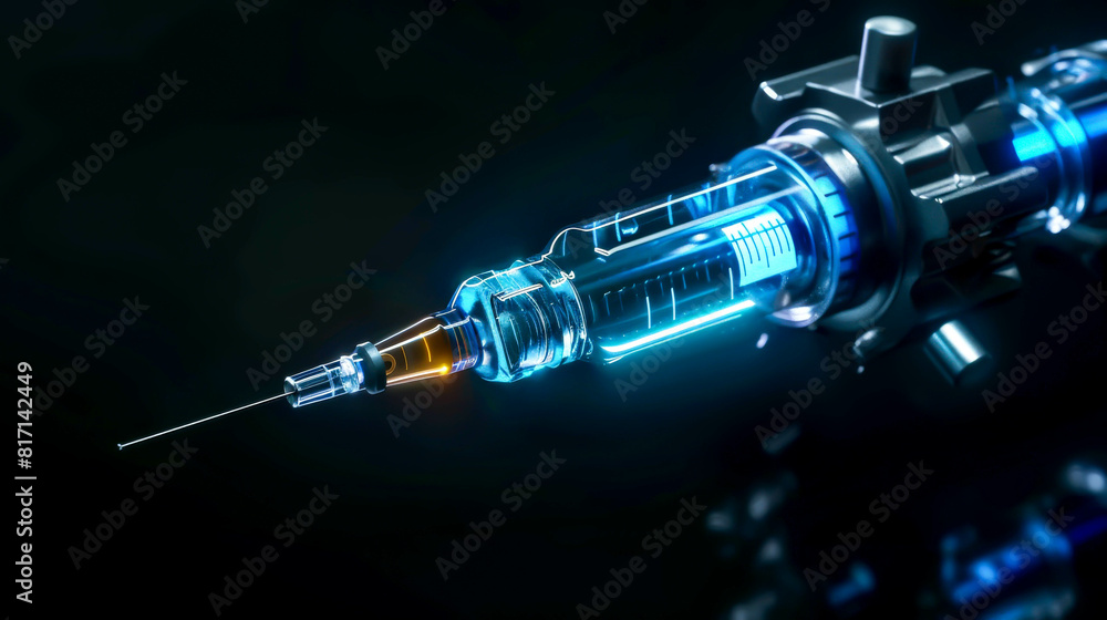 A futuristic looking syringe with a blue and orange color scheme. The ...