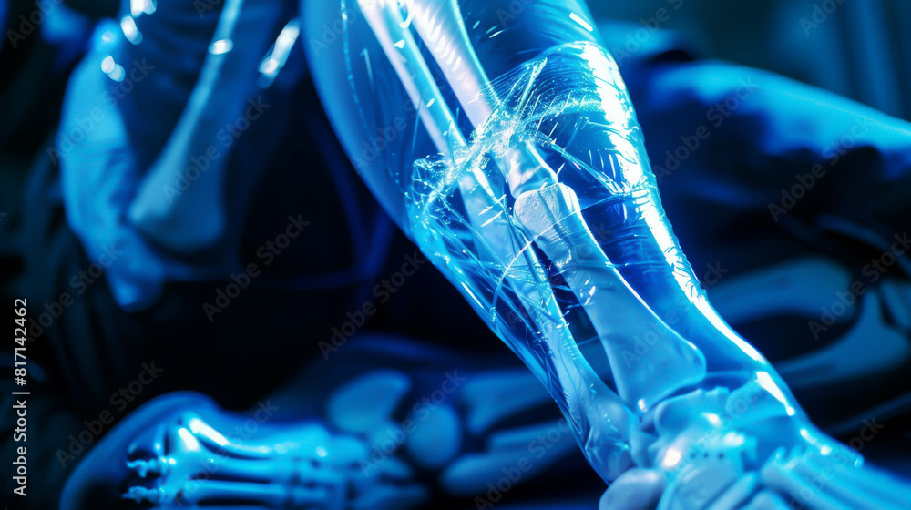 A blue skeleton with a broken leg is shown in a blue and white color ...