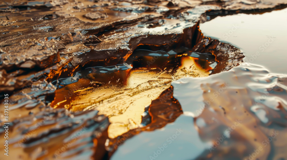 A large crack in the ground with water and oil seeping out of it. The ...