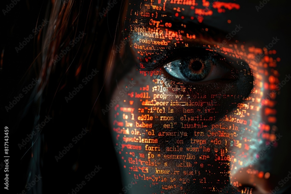 close-up of a woman's face with digital codes projected onto her skin ...