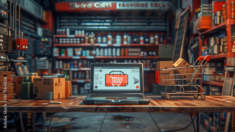 Miniature cart from a supermarket near a laptop and a site of online ...