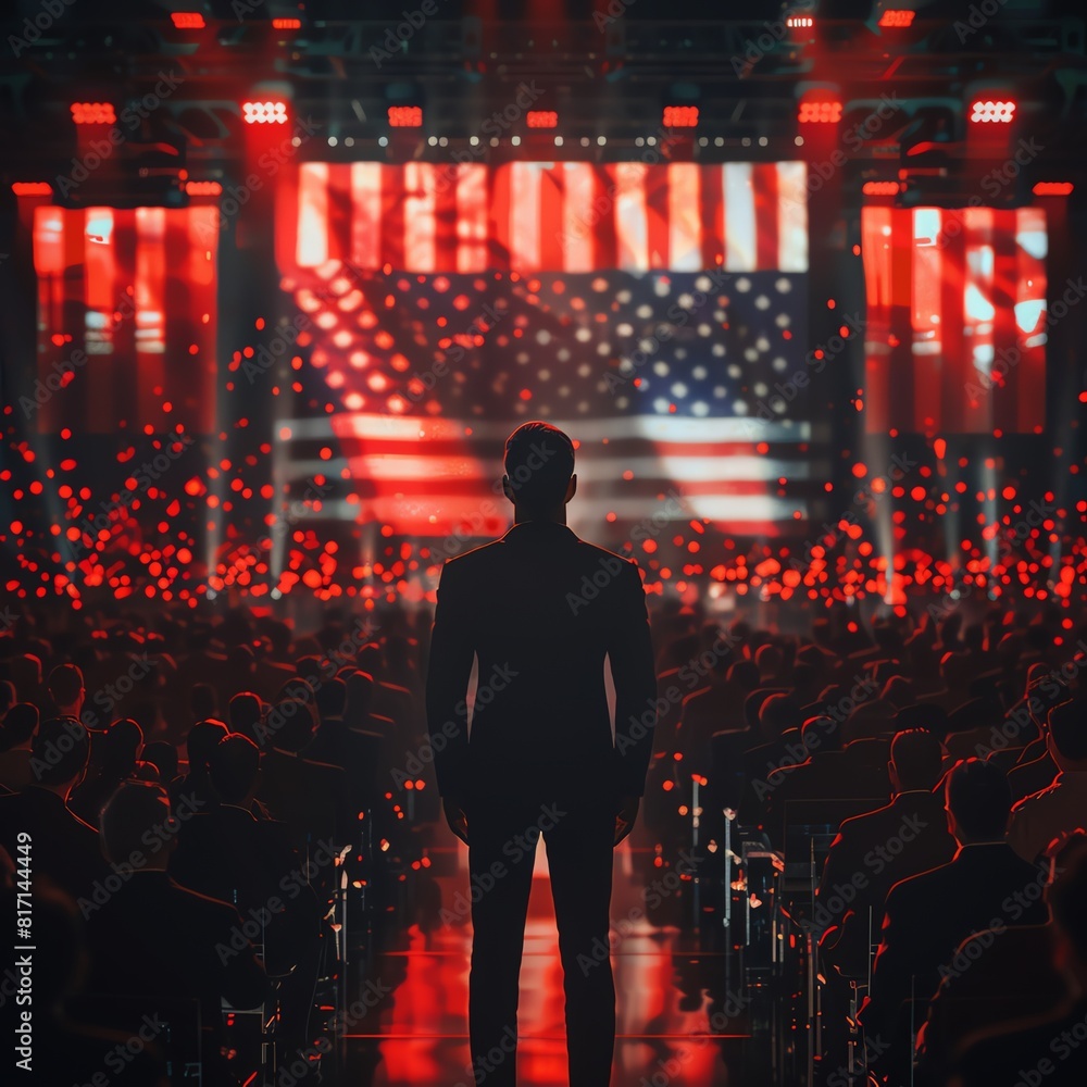 Male election candidate on stage, advocating for votes, backdrop of US ...