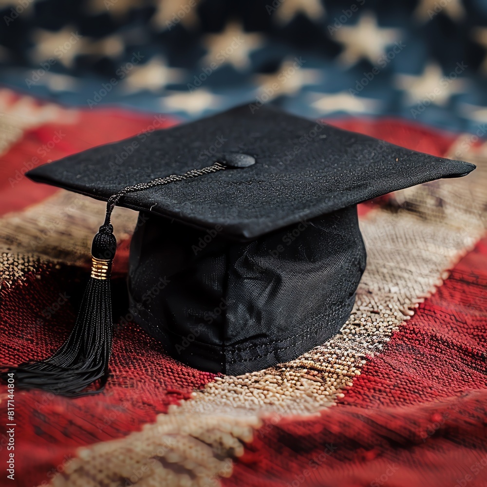 Graduation cap on flag fabric, close focus, twilight hues, evocative ...