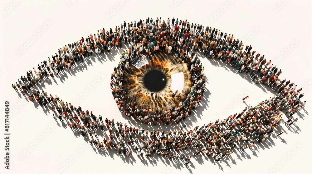 A crowd of people are gathered around an eye, creating a sense of unity ...
