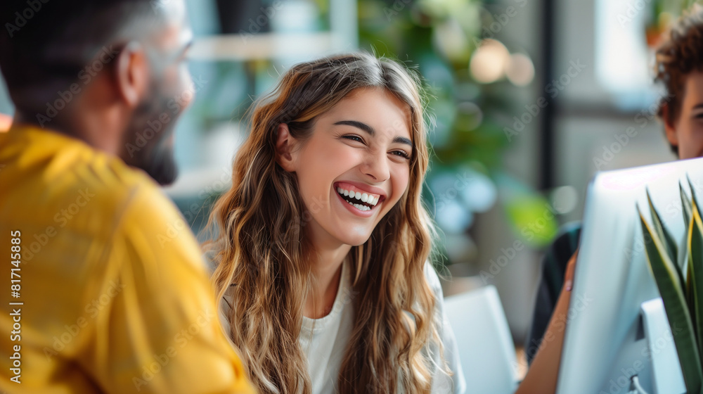 Happy millennial intern, student girl talking to teacher, consulting ...
