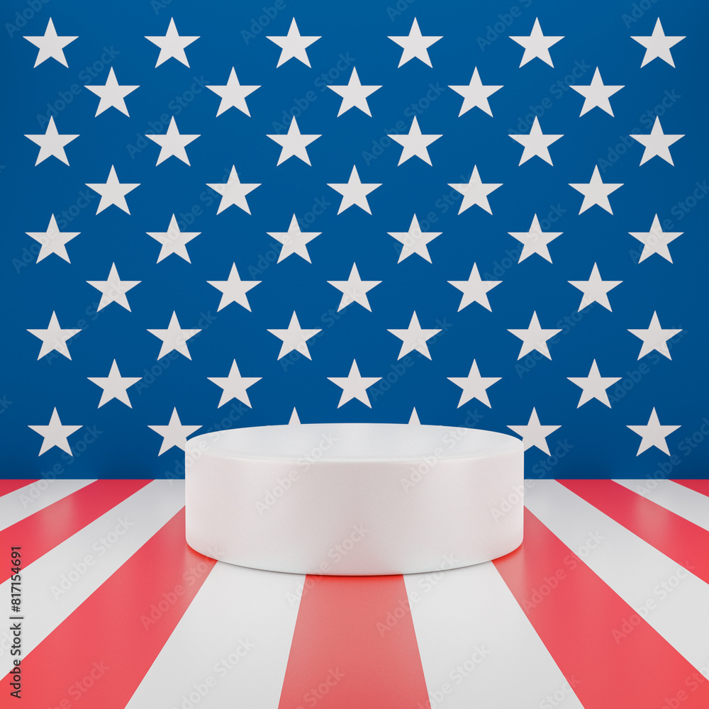 3D render USA flag stage illustration. White stage on American flag ...