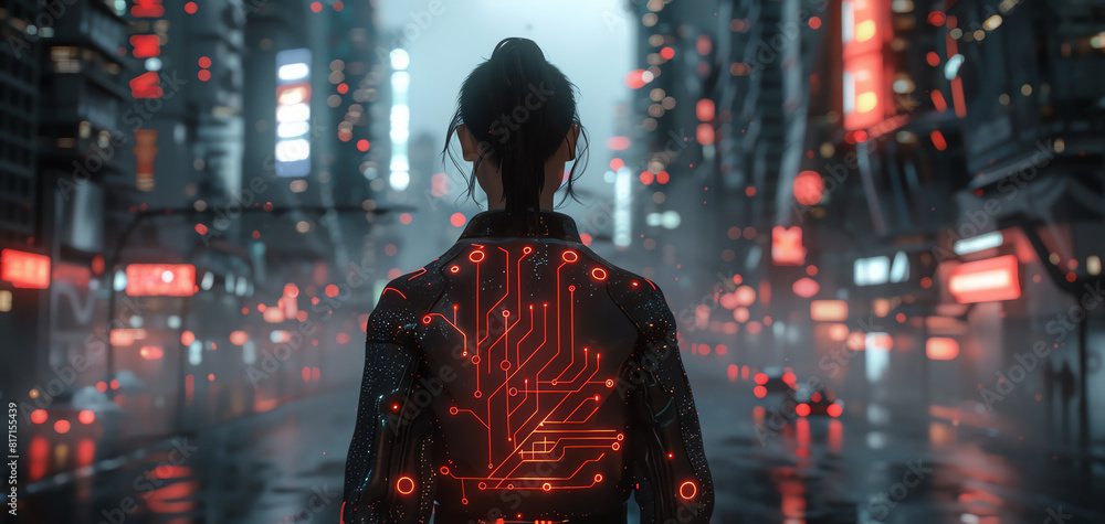 Zoom in on the futuristic fabrics and intricate circuit-like patterns ...