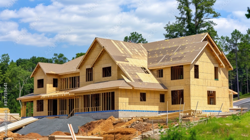 Structure of two-story residential suburban house under construction ...