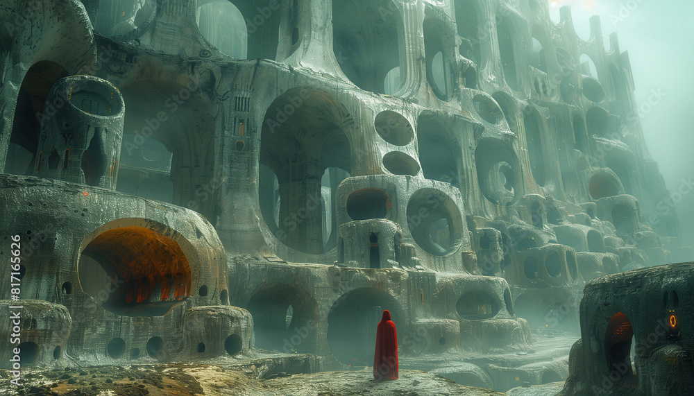 massive ancient structure with oval holes and arches, shrouded in fog ...
