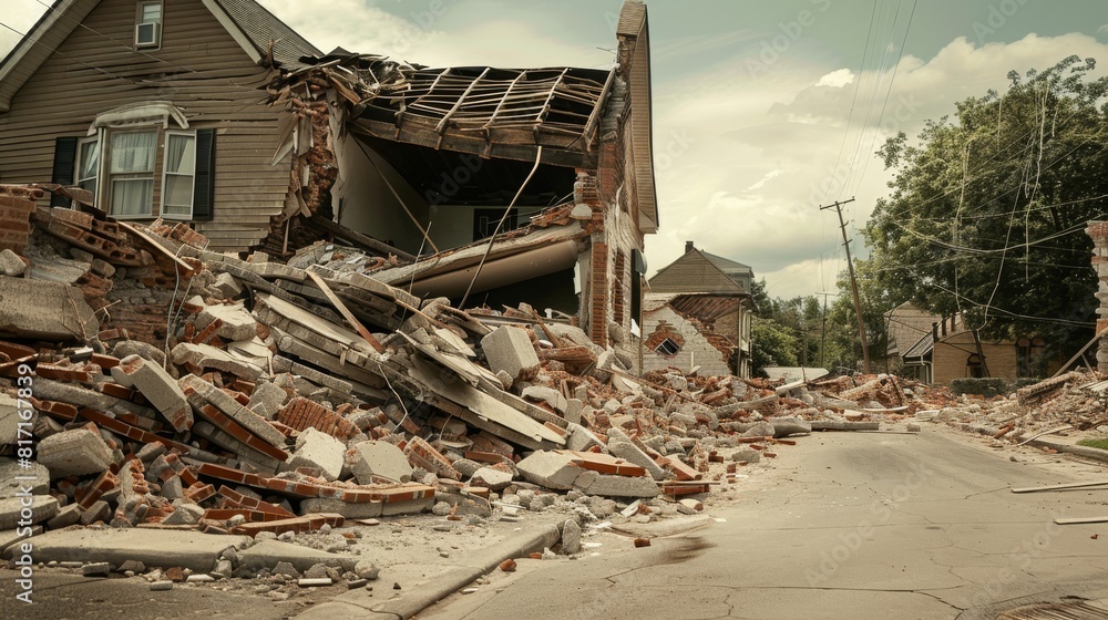 Scene of destruction, featuring a collapsed building with exposed ...