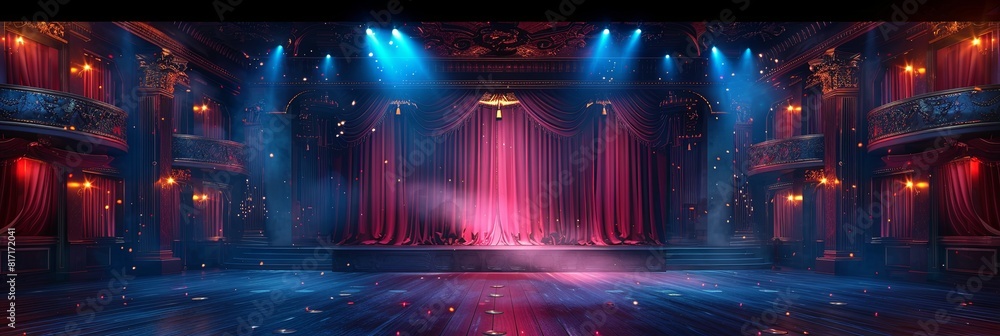 Luxurious opera stage with balconies. Empty theater hall with red and ...