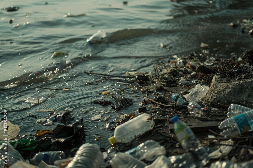 Polluted shoreline with scattered plastic waste, starkly illustrating ...