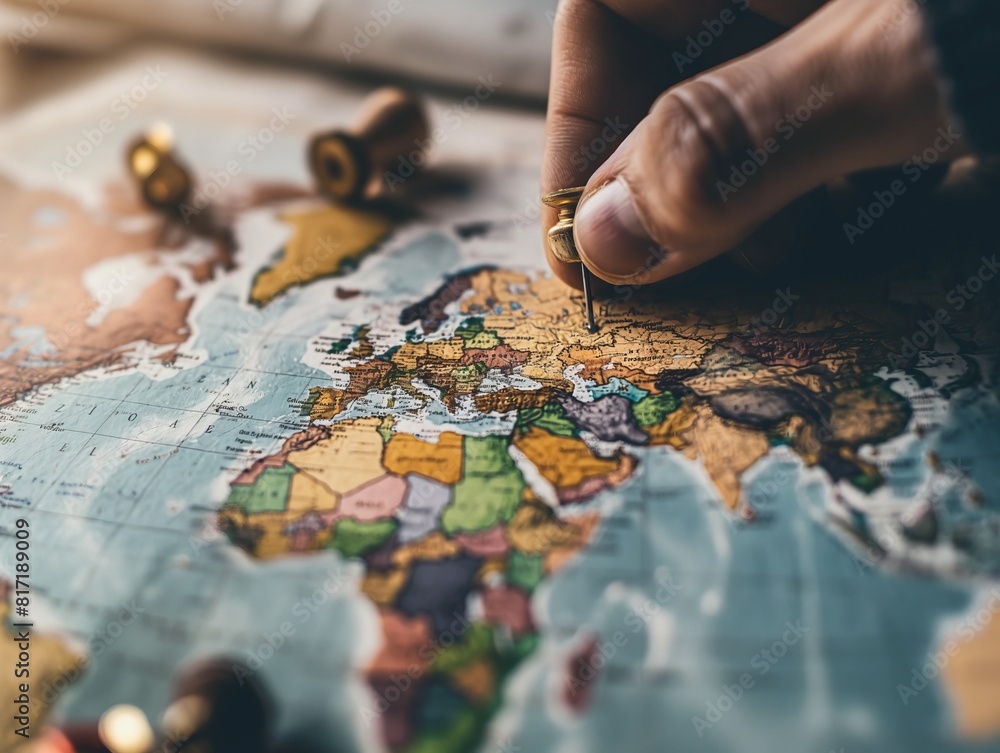 An overhead shot of a world map spread out on a table, with a hand ...