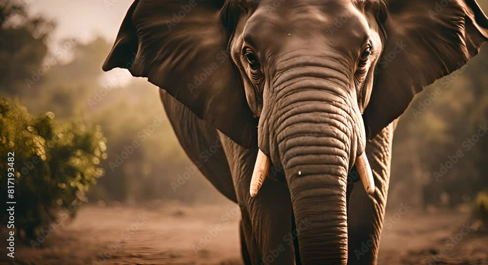 Against a sandy background stands an impressive Indian elephant, whose ...