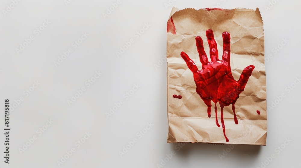 A paper bag resembling a bloody handprint is showcased against a white ...