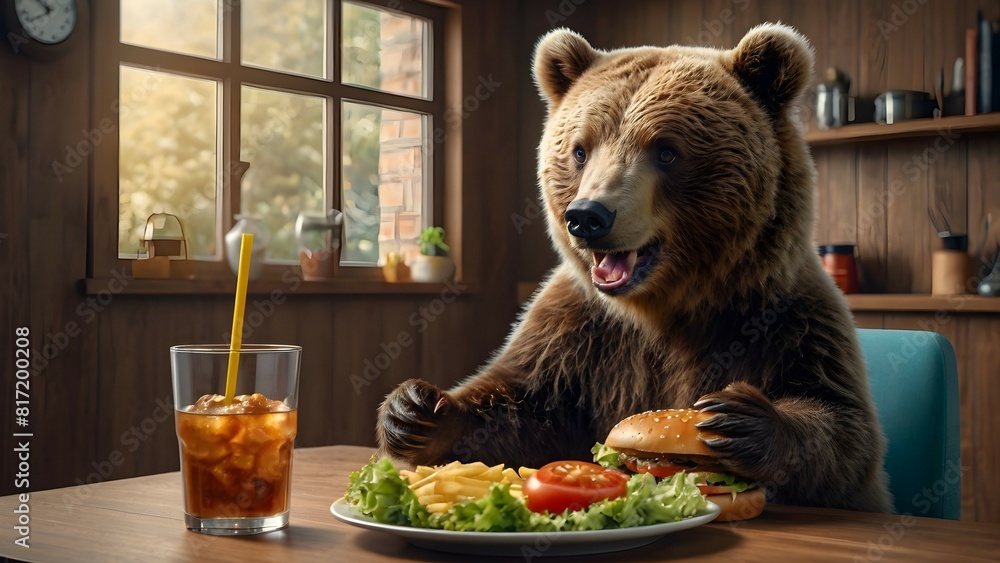 A cute baby bear eating a big burger at home. The expression has to be ...