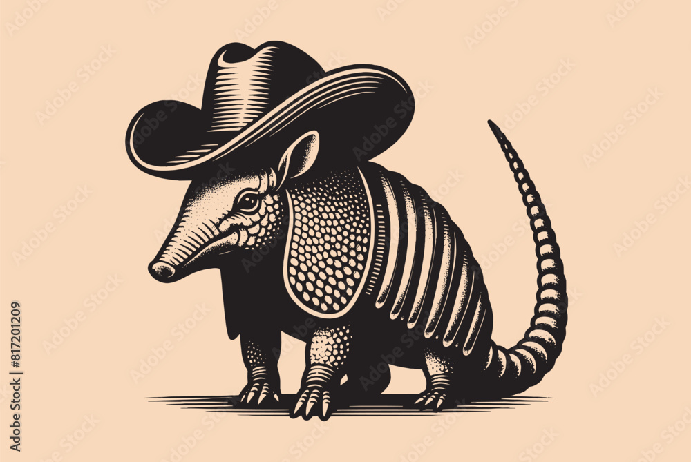 Cute armadillo in a cowboy hat. Beautiful vintage engraving vector illustration. Black outline ...