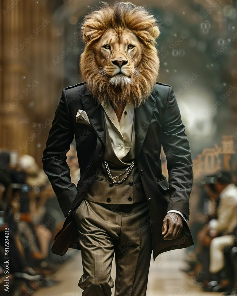 Cool looking lion wearing a funky fashion dress jacket, background ...