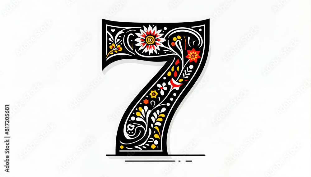 Number “7” adorned with intricate floral patterns on a white background ...