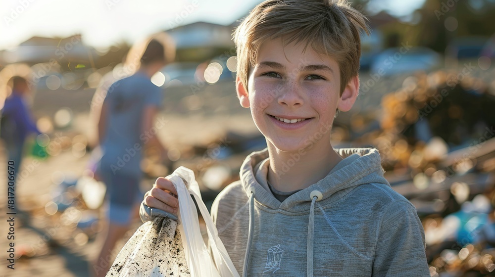 The picture of the caucasian boy and plastic bag with happiness at the ...