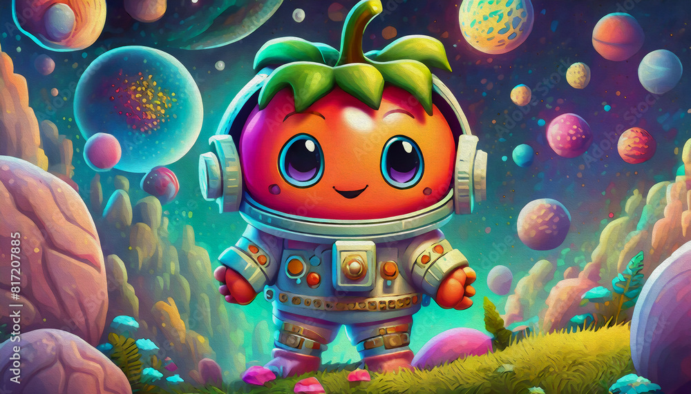 oil painting style Cartoon character tomato figure Cosmonaut in space ...
