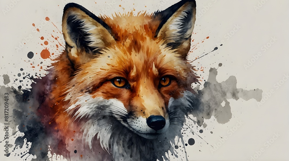 superior quality, watercolor, forceful, colorful, forward-facing fox ...