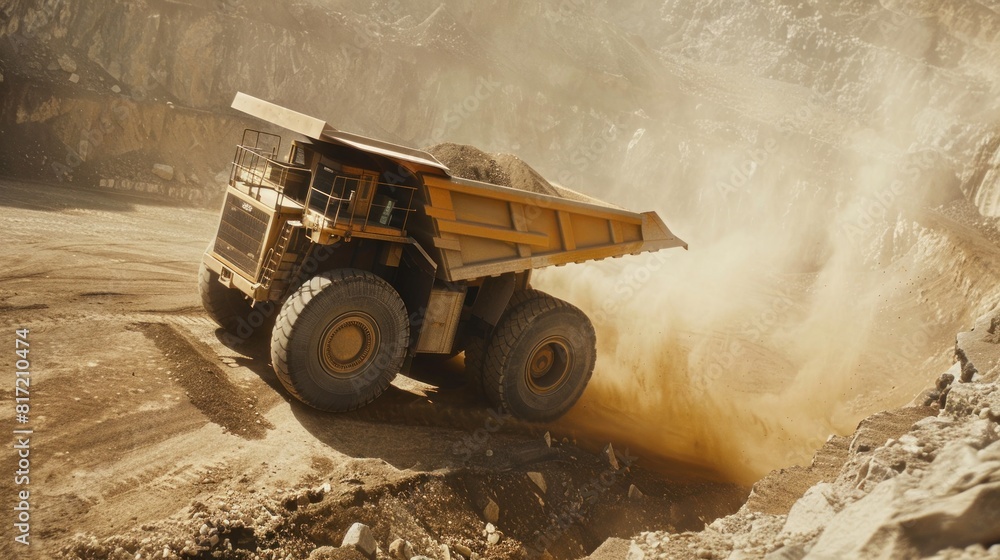 Mining dump truck rushes at high speed along a dusty road in a stone ...