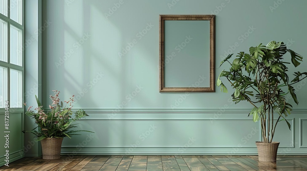 Frontal view of a pastel green wall in a vintage setting, blending old ...