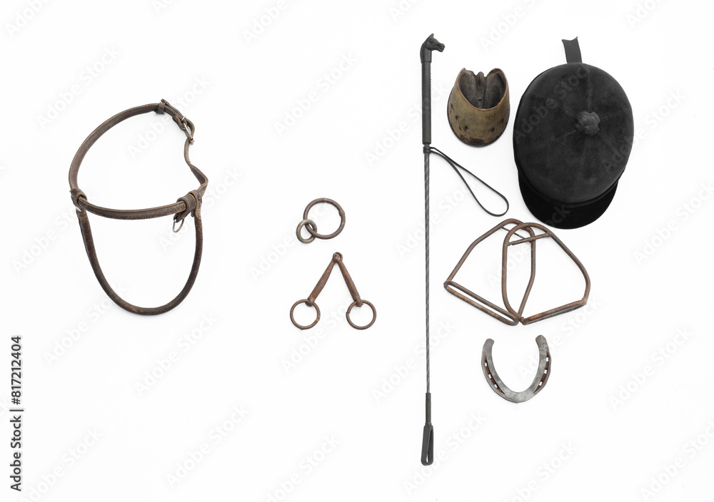 Jockey hat,wooden yoke for horse and bridle isolated on white ...