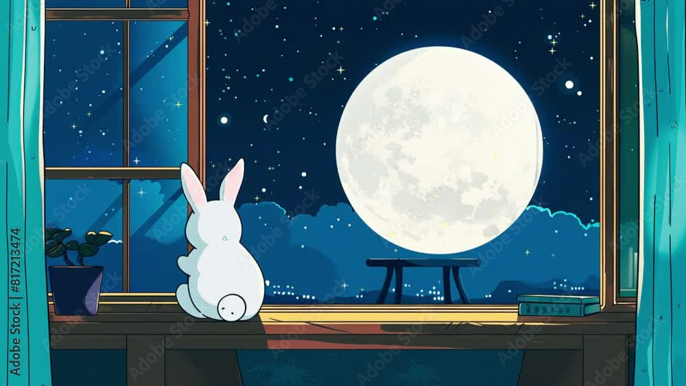 Vidéo Stock Cute bunny and a moon with stars, a whimsical illustration ...