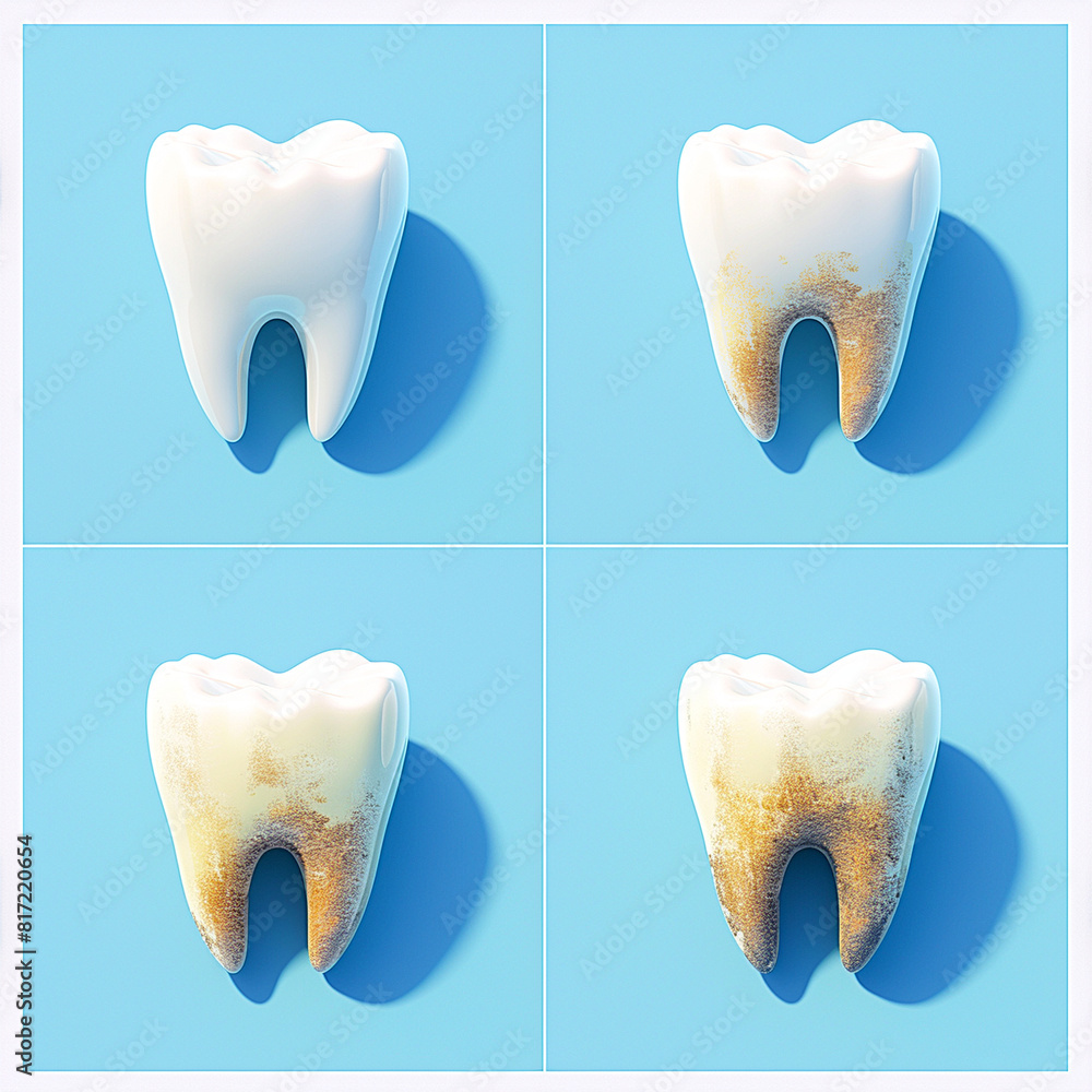 Progressive stages of dental plaque development on tooth over blue ...