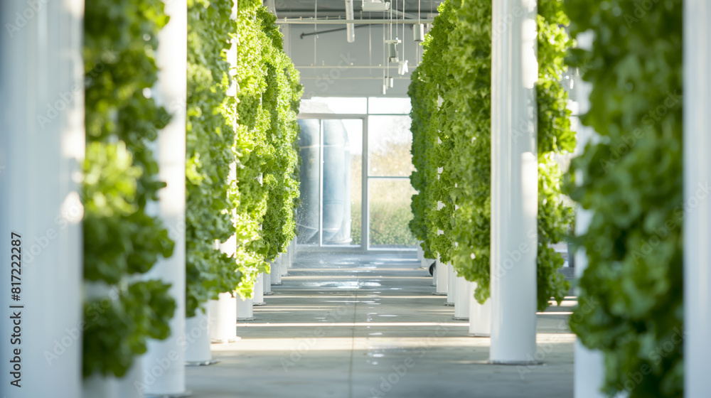 Vertical Hydroponic Farm inside a white building, with rows of plants ...