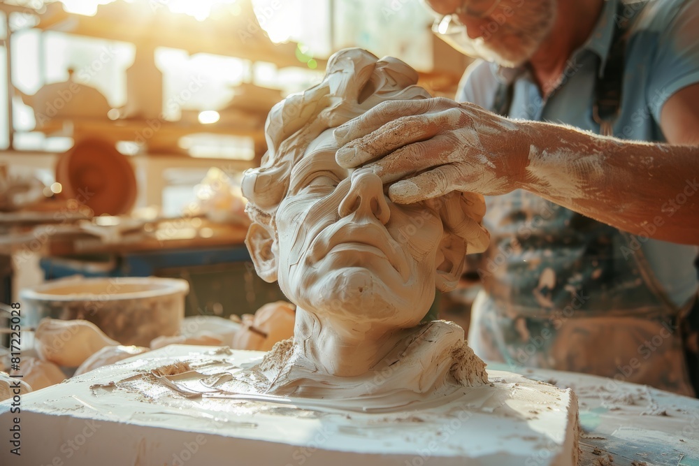 Artist Sculpting Clay Bust in Sunlit Studio - Hands Shaping Intricate ...
