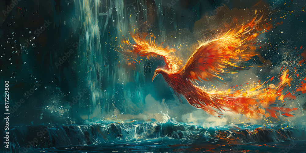 Paint a mythical phoenix soaring above a cascading waterfall in a ...