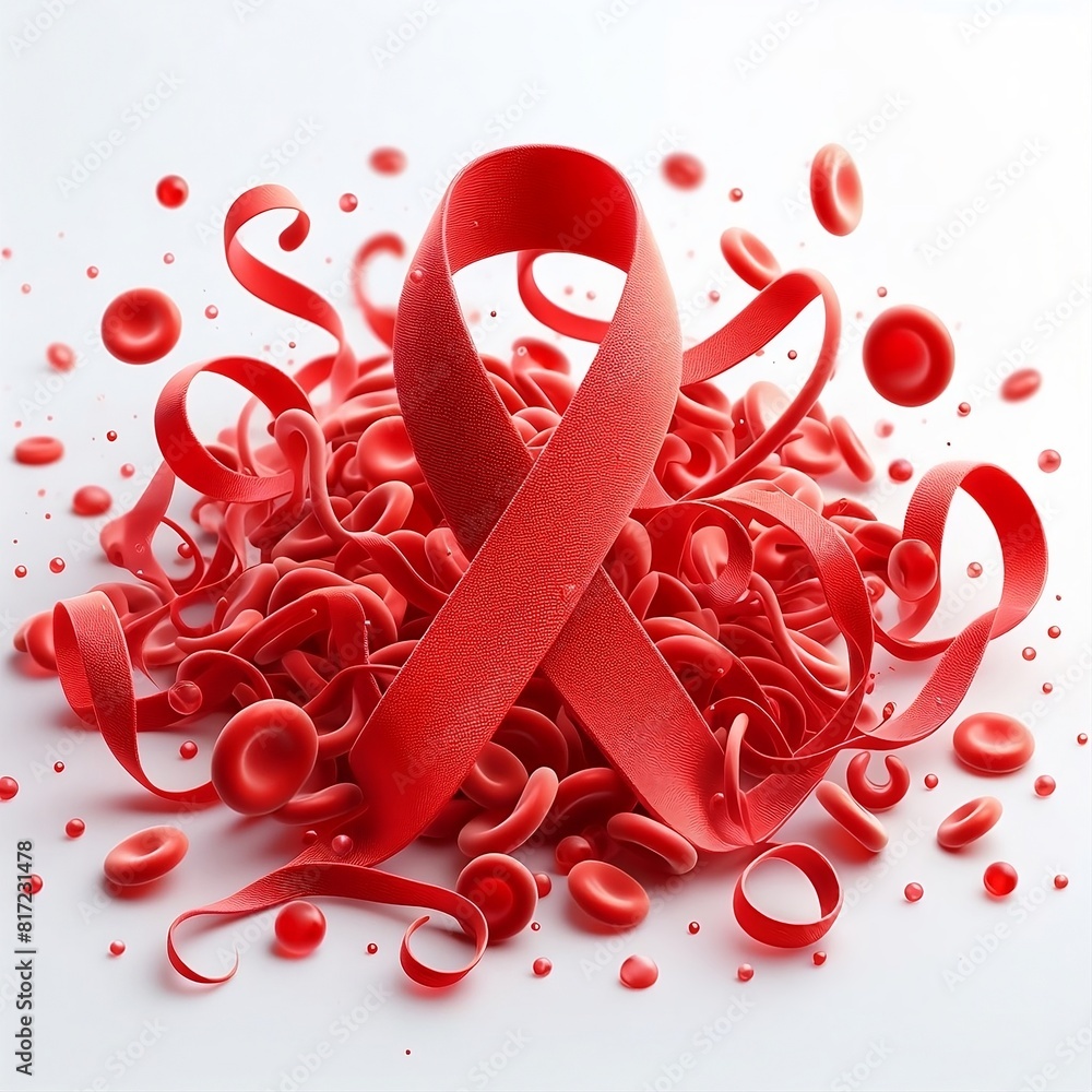 red ribbon of intertwined blood cells, World Blood Donor Day concept ...
