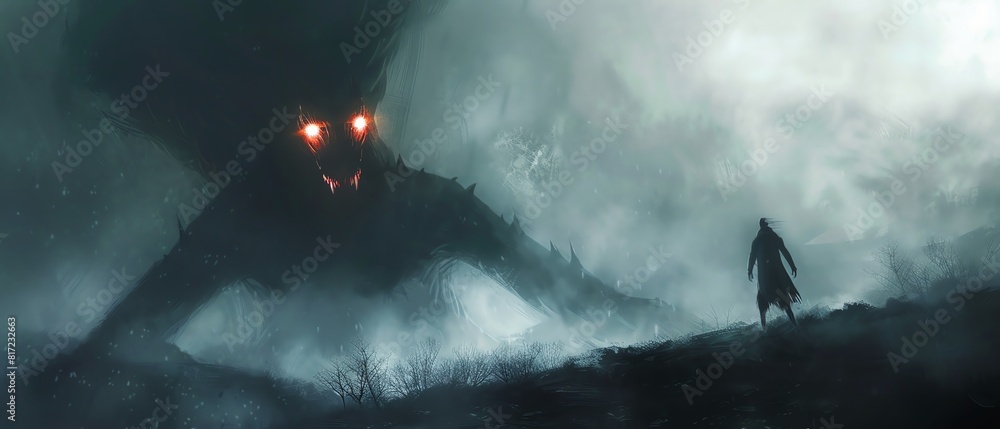 Artistic depiction of a demonic creature emerging from the darkness ...
