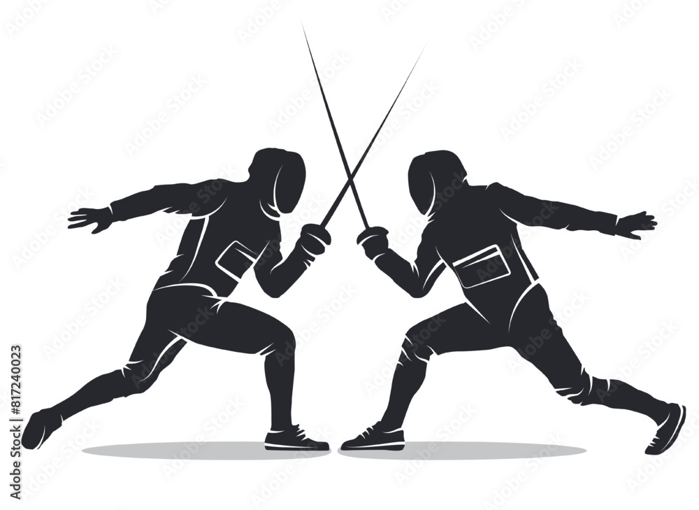 Black silhouette of two fencers engaged in a sword fight isolated on ...